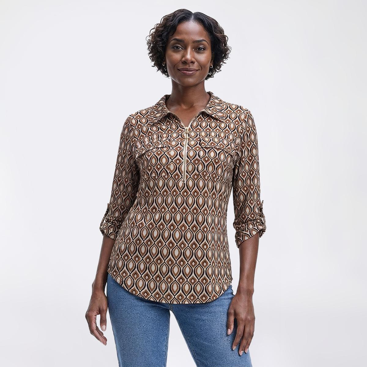 Click here for Plus Size Notations 3/4 Sleeve 2-Pocket Geo Ikat J... prices